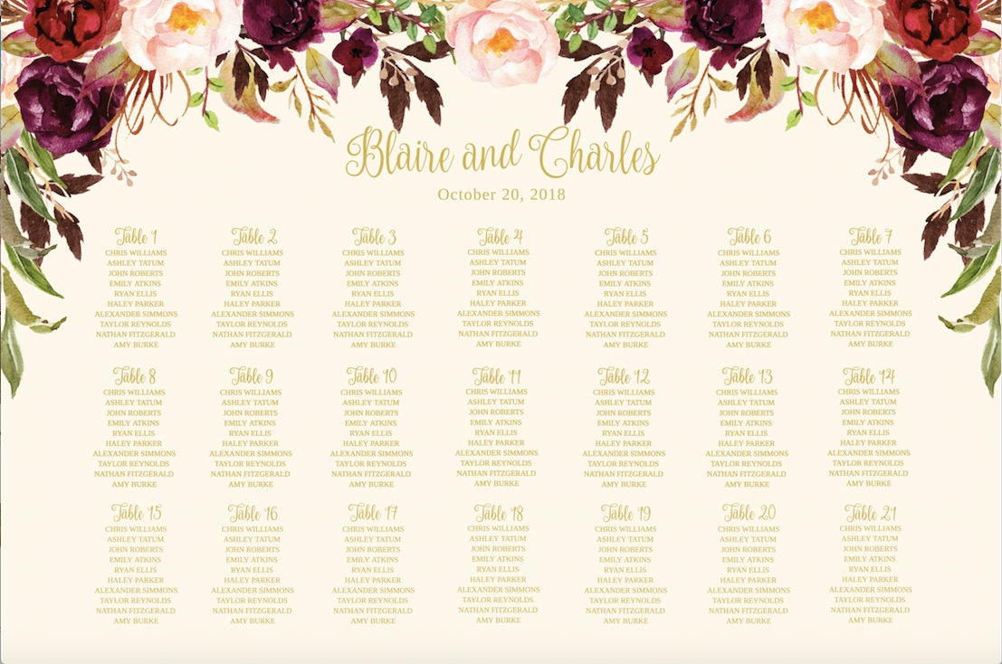Seating Chart Template Marsala and Cream Printable, Editable 30 Tables ...
