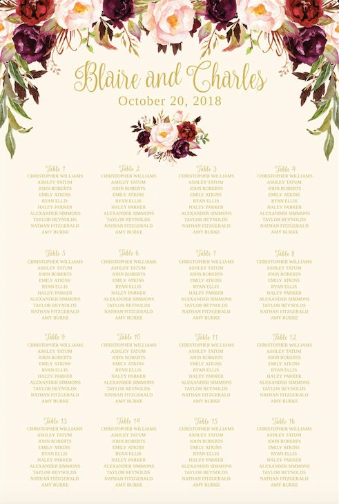Seating Chart Template Marsala and Cream Printable, Editable 30 Tables ...