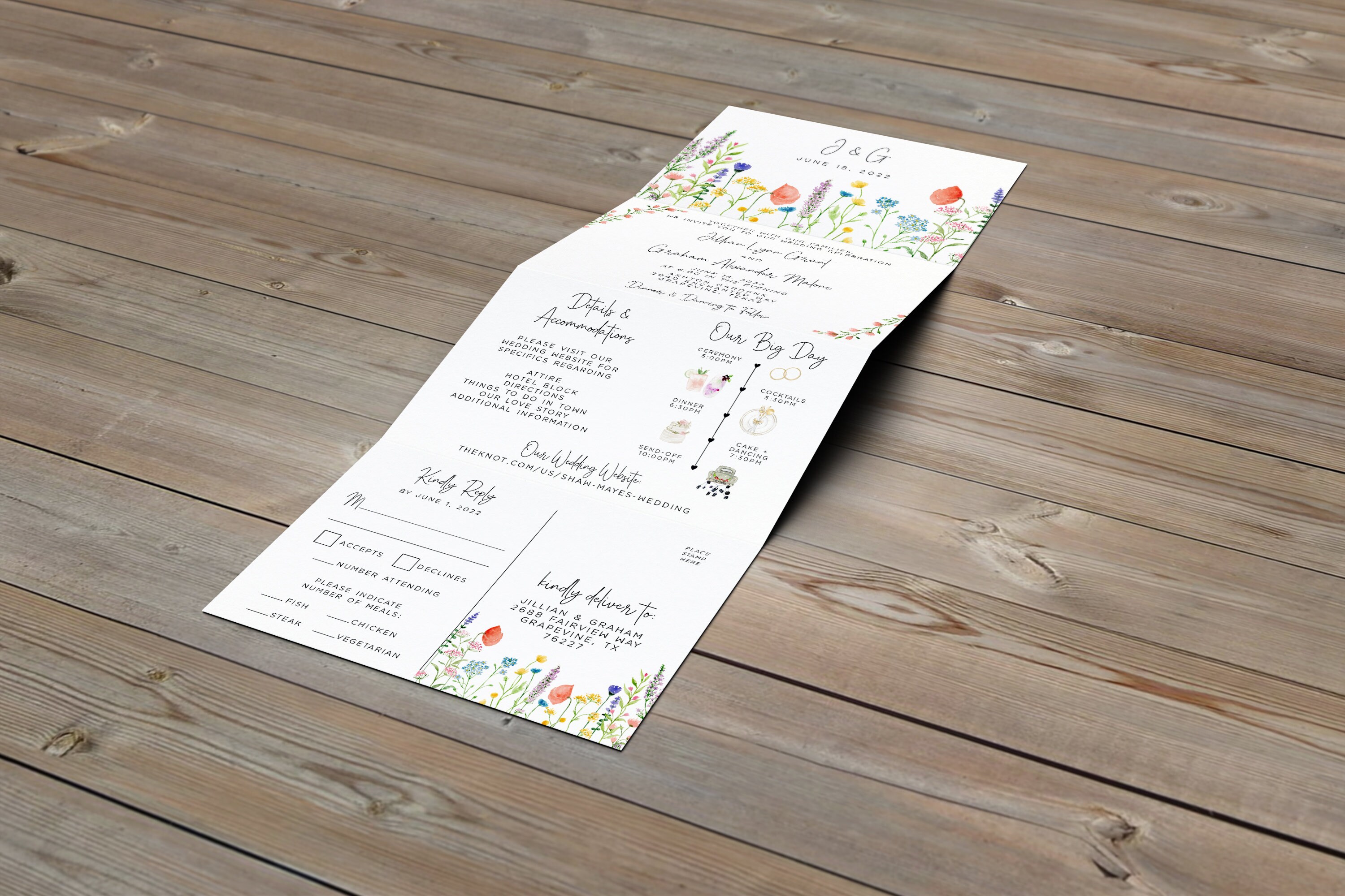 Wildflower Wedding Invitation Template, Tri fold All-In-One Invitation ...