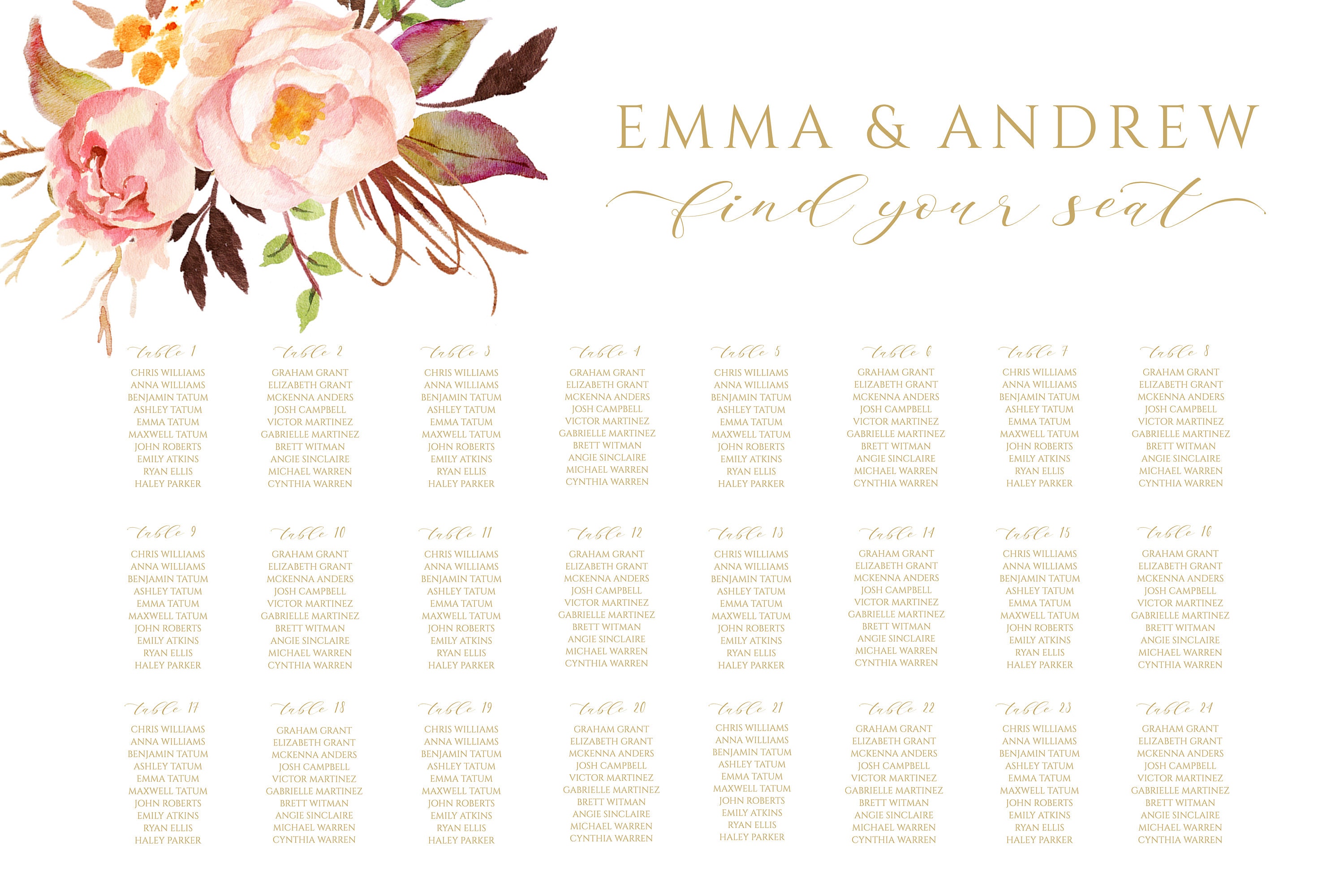 Wedding Seating Chart Template Horizontal, Blush Pink and Gold Floral ...