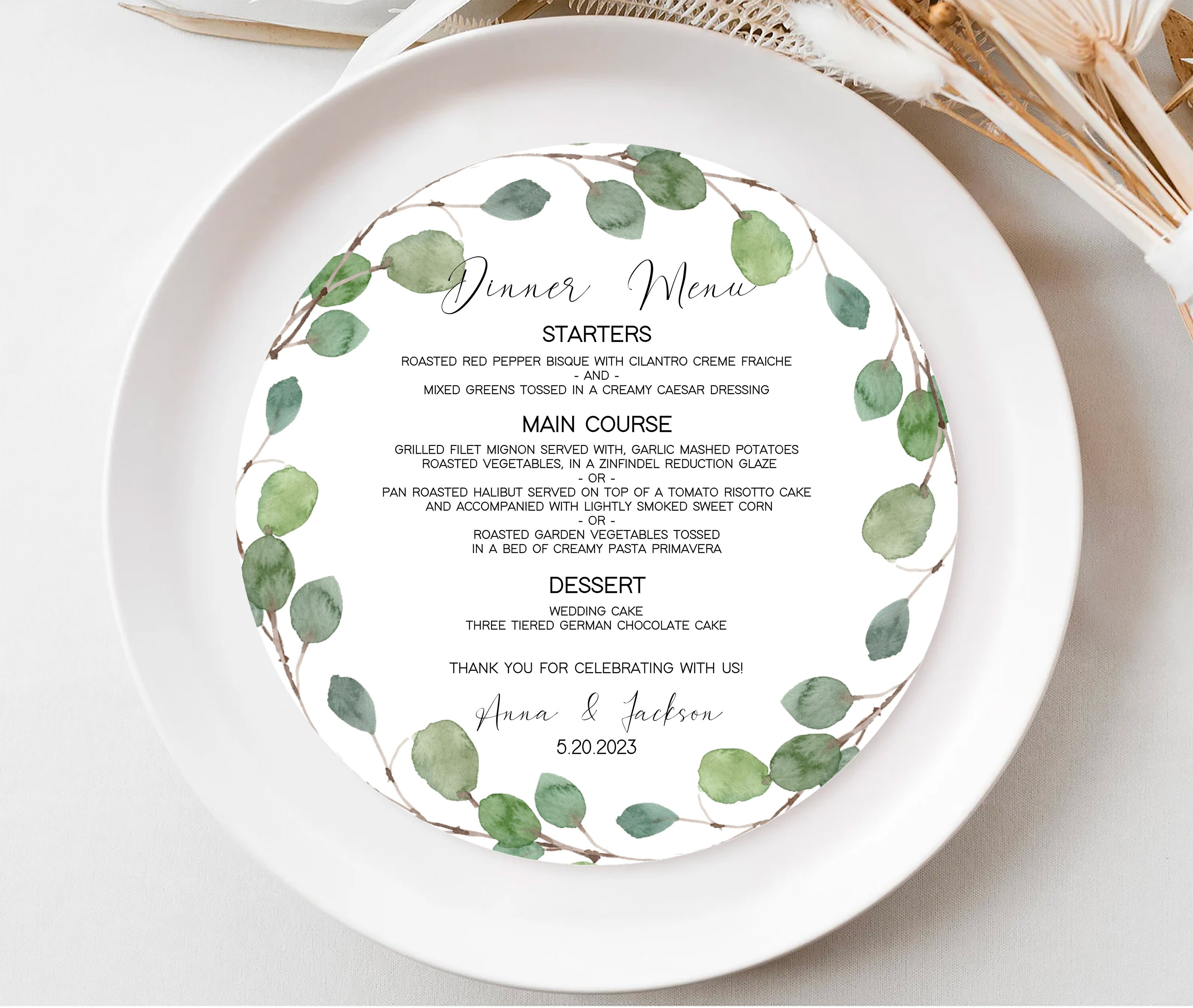 Minimalist Round Dinner Menu Template, 8" Round Modern Menu, Printable ...