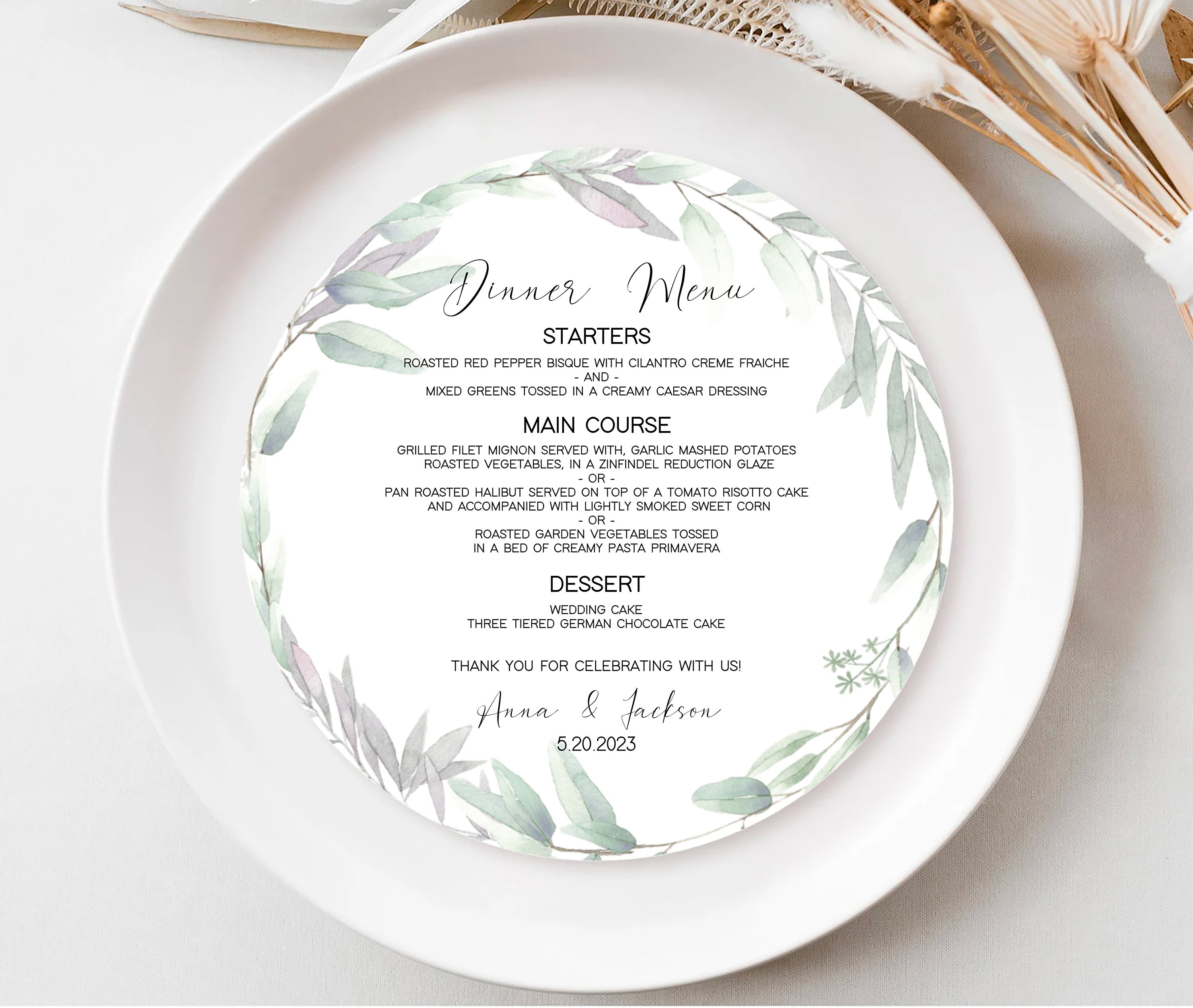 Minimalist Round Dinner Menu Template, 8" Round Modern Menu, Printable ...