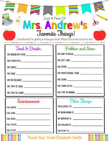 Teacher Favorites Survey - All About My Teacher Worksheet - Templett Shop