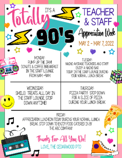 Teacher Appreciation Week Itinerary, Retro Throwback 80s 90s Theme ...