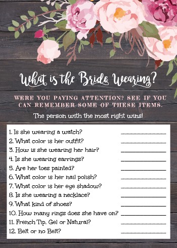 Rustic Floral What is the Bride Wearing Game Template, Bridal Shower ...