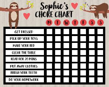 Sloth Chore Chart Editable Kids Chore Chart Reward Chart For Kids Sloth ...