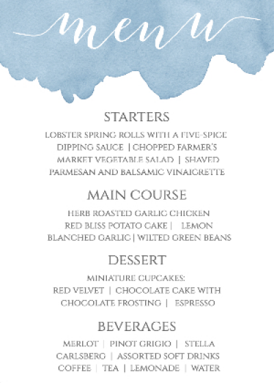 Dusty Blue Menu Template for Wedding, DIY Editable Blue Watercolor Menu ...