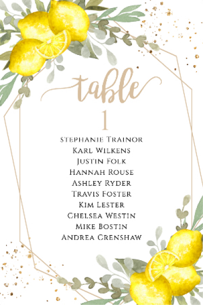 Printable Lemon Seating Chart 4" x 6" Card Template Editable Gold ...